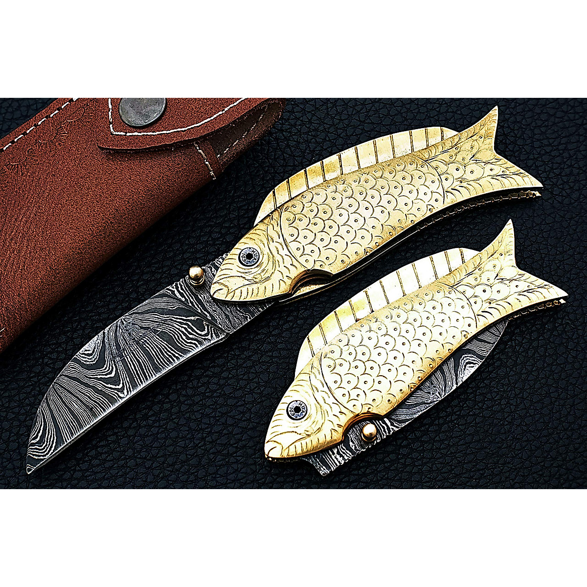 Smart & Sharp Custom Handmade Damascus Steel Fish Knife/Folding Knife/Pocket Knife SS-17370(Brass Engraved Handle) (brass)