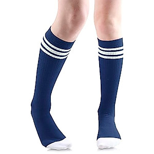 juDanzy 2 Pack of Baby, Toddler and Kids Knee High Tube Socks for Boys and Girls with Grips (4-6 Years, Navy & Columbia Blue Stripes)