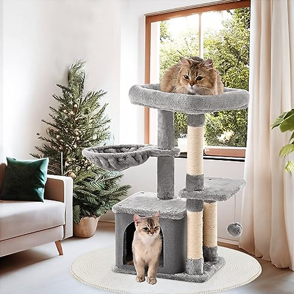 Cat Climbing Tower for Indoor Cats 30in, Cat Condo with Scratching Post, Cat Tree for Large Cat with Plush Perches, Hammock, Cat Tree Stand for Kitten with Dangling Ball, Platform