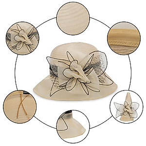 Organza Fascinator Tea-Party Derby-Hats for Women - Flower Wide Brim Church Sunday Sun Hat (US, Alpha, Medium, Beige)
