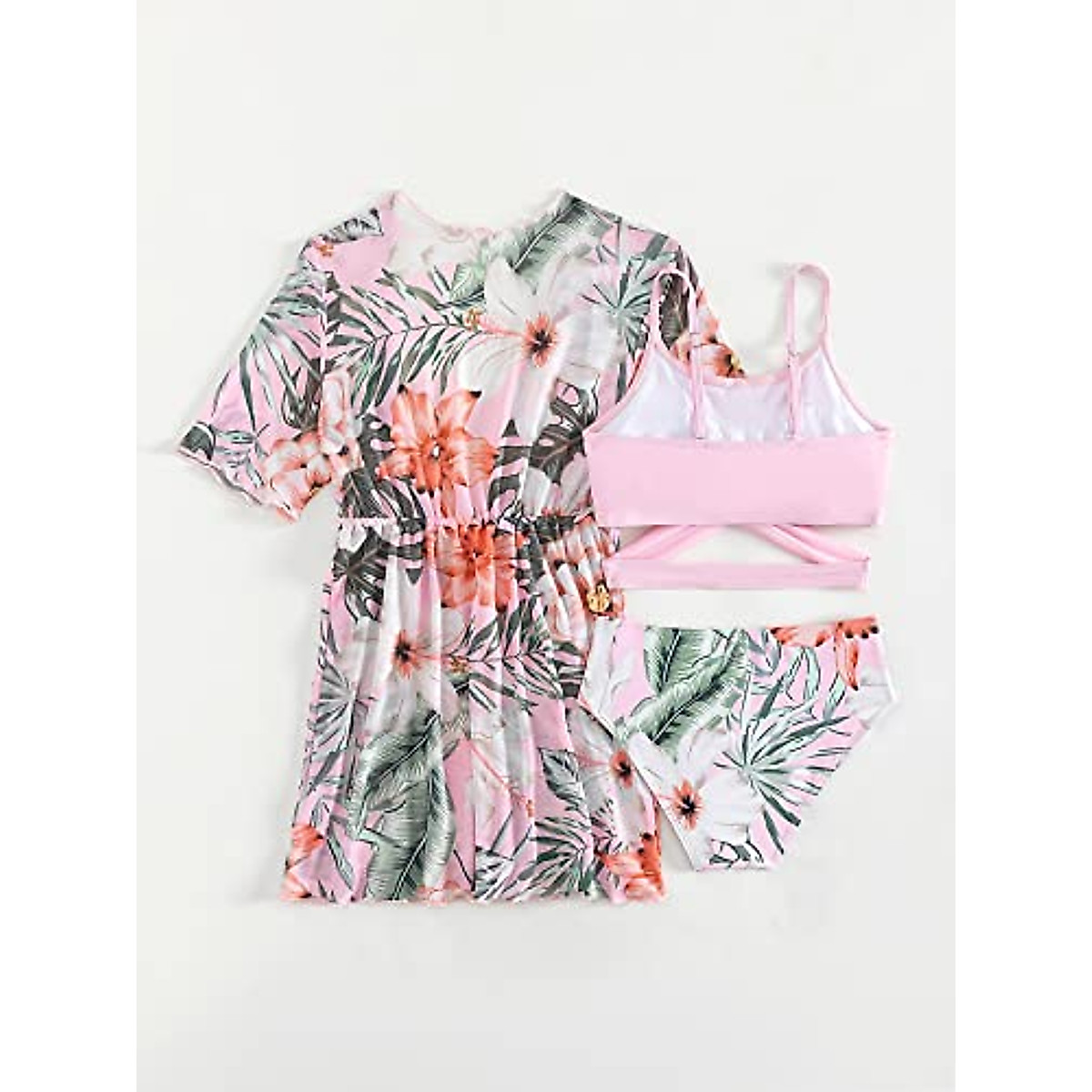 Cozyease Girls' 3 Piece Watermelon Print Drawstring Waist Swimsuit Tie Front Bikini Set Spaghetti Strap Bathing Suit Light Pink 11-12Y