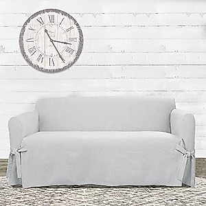 SureFit Farmhouse Basketweave Box Cushion One Piece Slipcover with Ties, Loveseat Cover, Relaxed Woven Fit, 100% Cotton, Machine Washable, Grey Color
