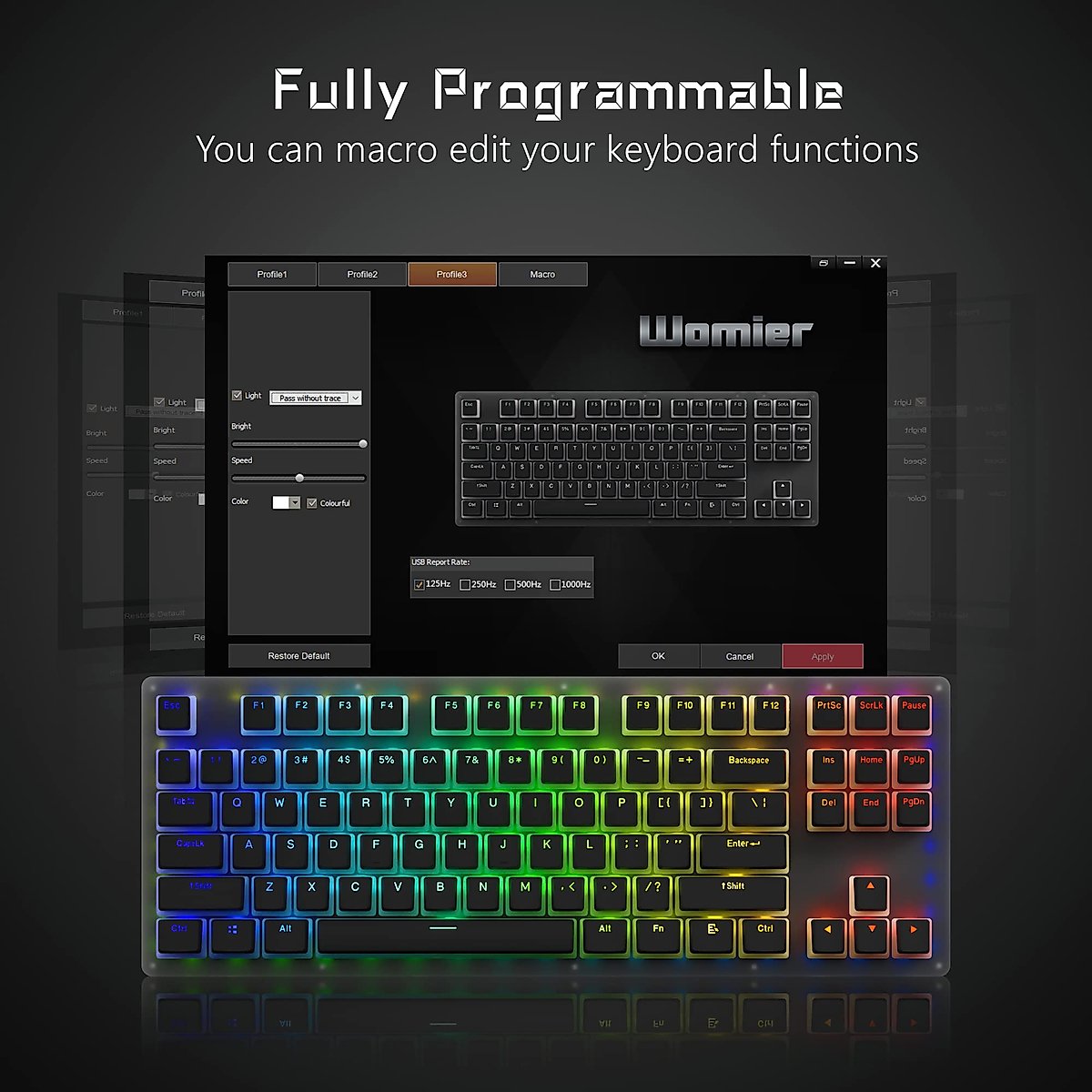 XVX Womier 75% Keyboard, TKL Mechanical Gaming Keyboard, Hot Swappable Black Keyboard, K87 PRO with Pudding Keycaps Wired RGB Keyboard for PC PS4 Xbox - Yellow Switch