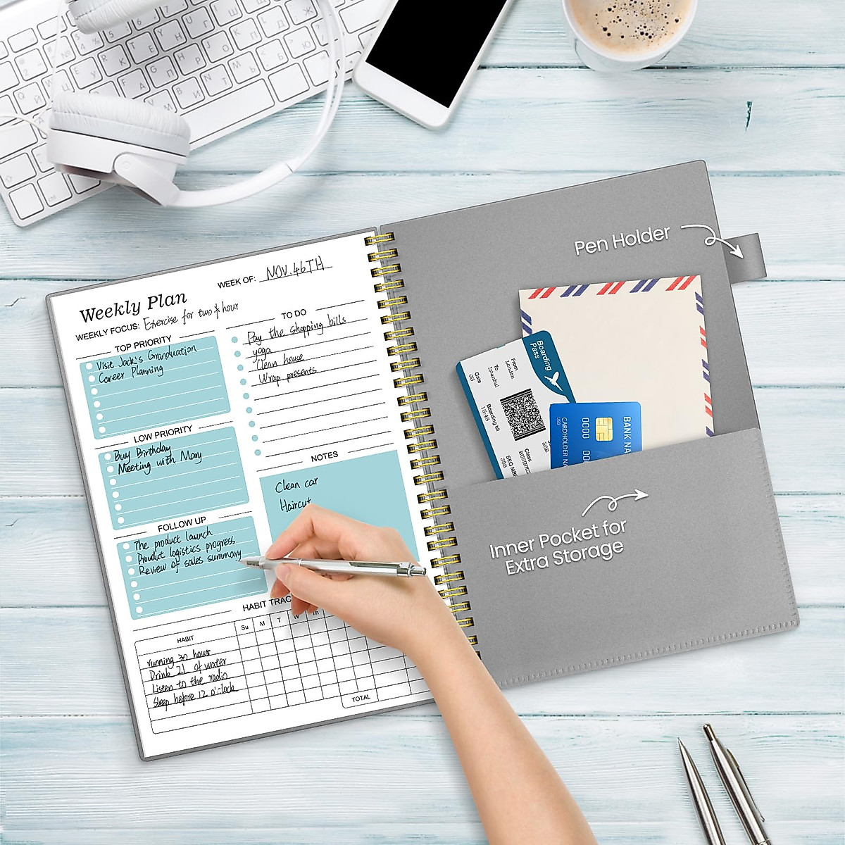 7"x10" Undated Weekly Planner, 53 Weeks To Do List Goals Notebook with Spiral Binding, Flexible Cover, Perfect for Daily & Weekly Plan (Gray)