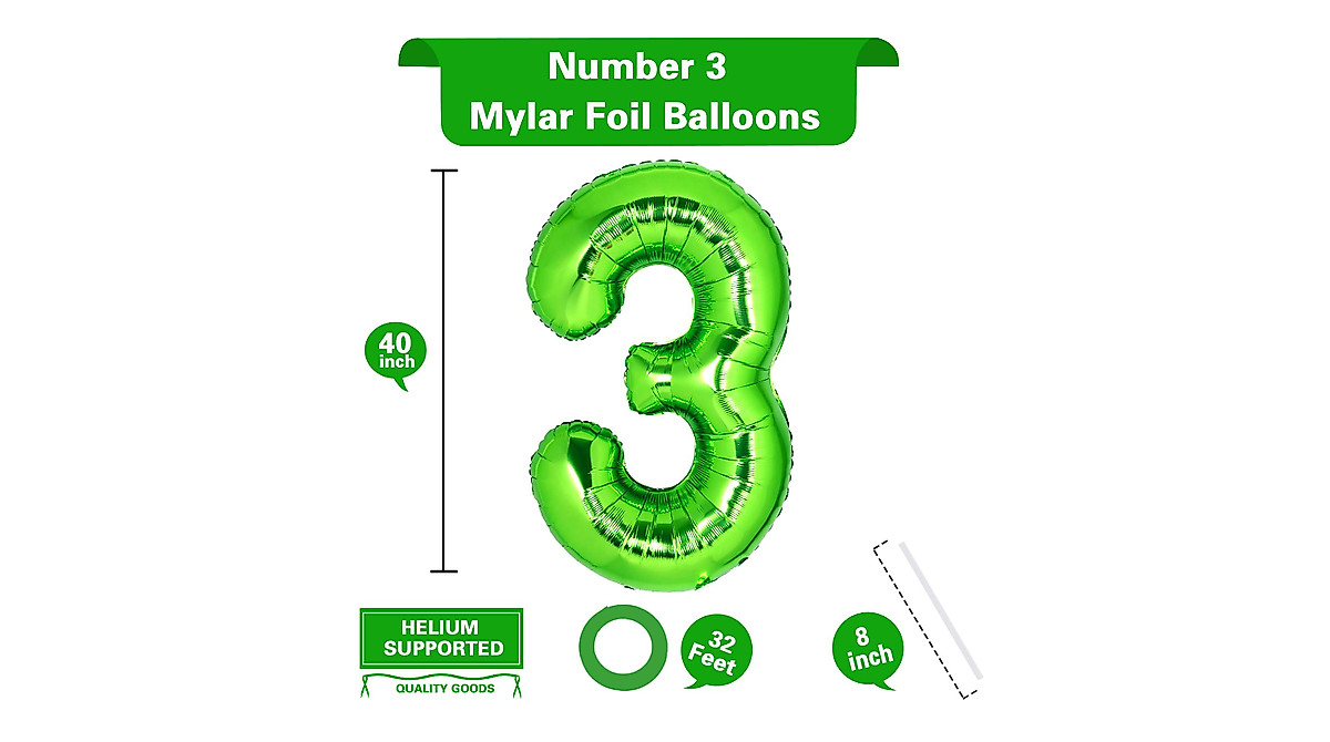 40 Inch Light Green Number 3 Balloon for Birthdays & Events