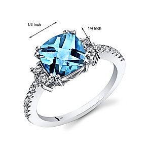 PEORA Swiss Blue Topaz Ring for Women 14K White Gold with White Topaz, Natural Gemstone Birthstone, Designer 2.50 Carats Cushion Cut 8mm, Comfort Fit, Size 5