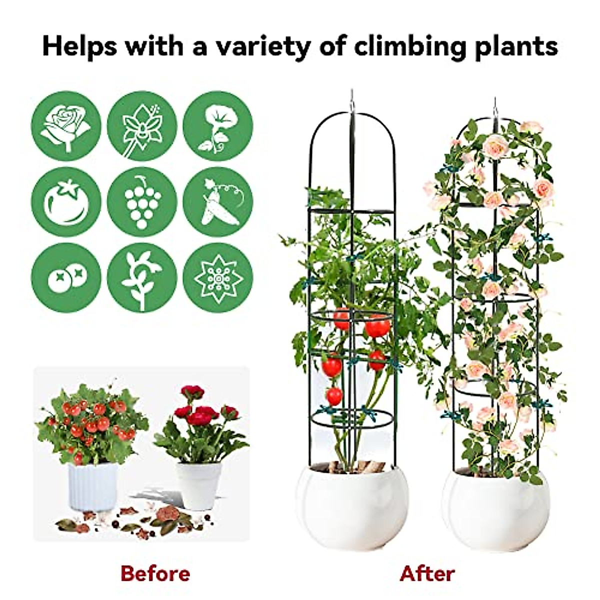 Heyfurni Metal Obelisk Trellis & Plant Clips,Garden Trellis for Climbing Plants,Plant Support for Cucumbers,Rose,Tomato,Vines,Vegetables Trellis Cage Indoor & Outdoor,40pcs Garden Clips