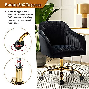 HULALA HOME Velvet Home Office Desk Chair, Modern Cute Computer Task Chair, Wheels Swivel Height Adjustable Upholstered Vanity Chair for Women, Girls (Gold Base, Black)