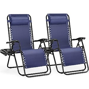 Sweetcrispy Zero Gravity Chairs, Set of 2 Portable Recliner Beach Camping Patio Outdoor Folding Lounge Chair with Cup Holder Trays and Adjustable Pillow for Poolside, Garden, Backyard, Lawn (Blue)