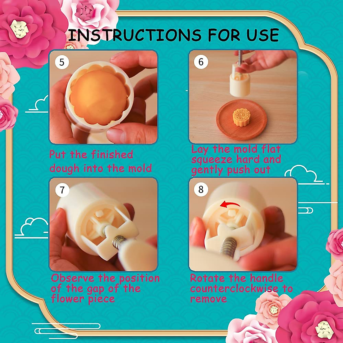 10 PCS Moon cake Molds, Mid-Autumn Festival Hand-Pressure, Square/Round/Flower Mode Patterns 2 Mold 10 Stamps 125g/75g-Cookie Stamps DIY Decoration Press Cake Cutter
