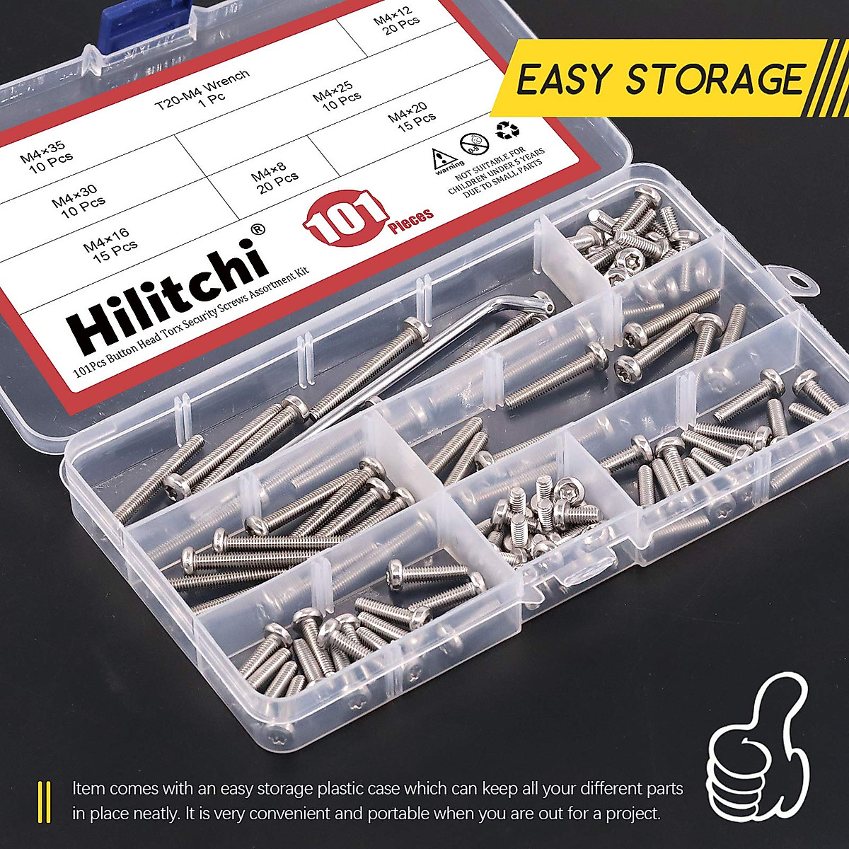 Hilitchi 100Pcs 7Sizes M4 Button Head Torx Security Screws Stainless Steel Tamper Proof Screws w T20 Bit, M4x8/12/16/20/25/30/35(Assortment Kit)