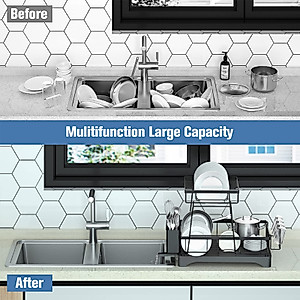 Aredy 2 Tier Dish Drying Rack for Kitchen Counter, Black Metal Dish Drainers Rack with Drainboard, Large Dish Dryer with Detachable Cup Rack and Utensil Holder