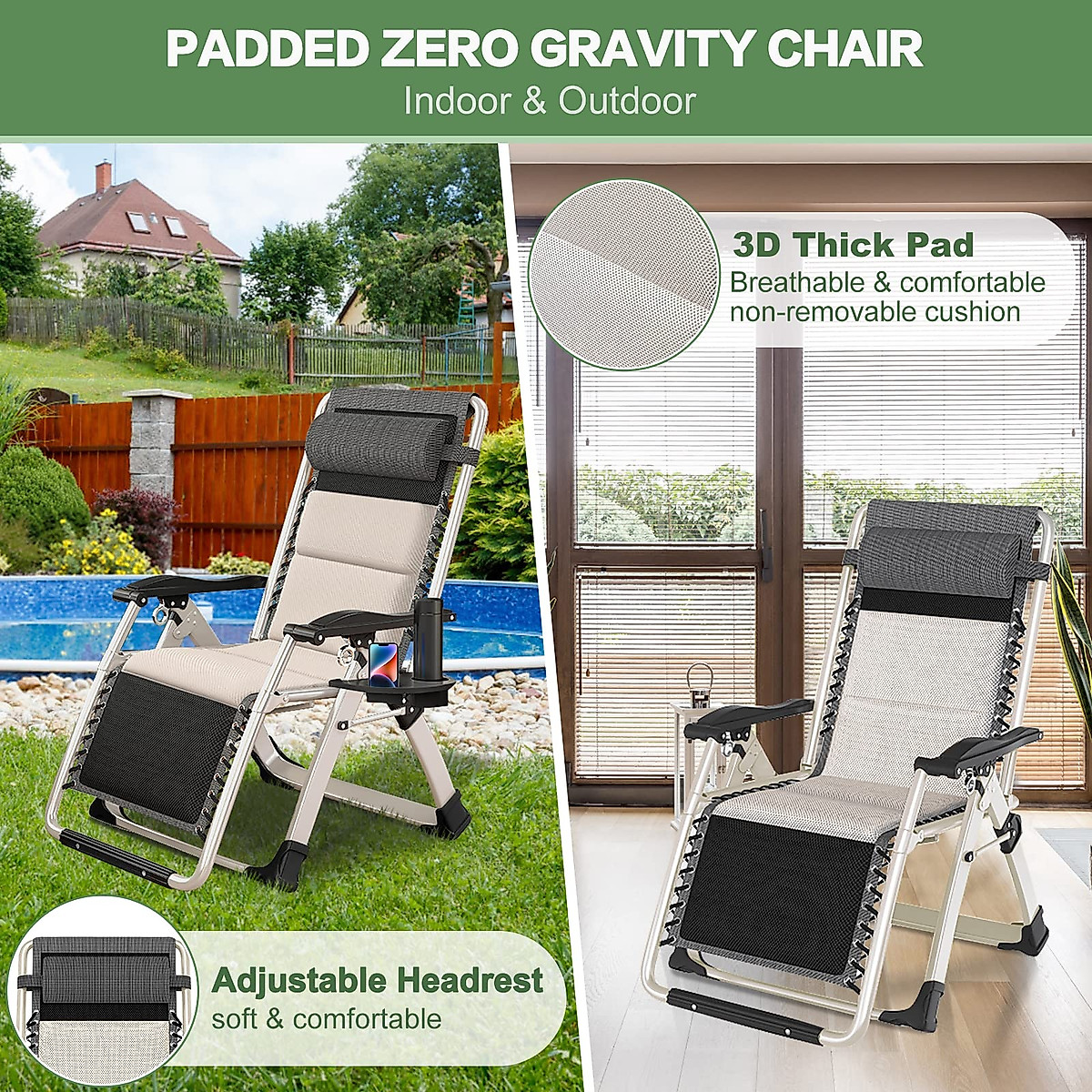 Barbella Zero Gravity Chair Reclining Lounge Chair Patio Chairs, Adjustable Lawn Recliner Folding Lounge Recliners with Removable Cushion, Headrest & Cup Holder, Reclining Chair for Indoor and Outdoor