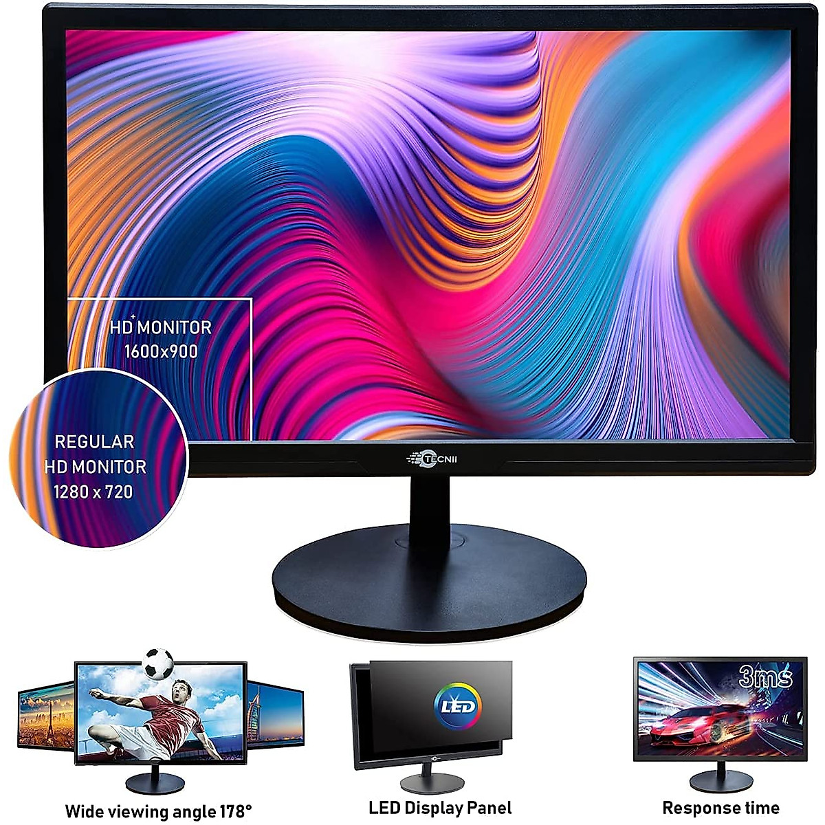 TECNII 20 Inch Widescreen LED Backlit LCD Desktop PC Monitor HD+ Resolution - 3ms Response Time - HDMI - VGA - for Home, Office - Black, TM200