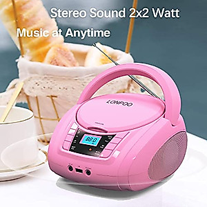 LONPOO Portable CD Player Kids Gift Boombox Classic Stereo Sound System Outdoor Speaker with FM Home Audio Radio, Bluetooth, Aux-in, USB Playback, Pink