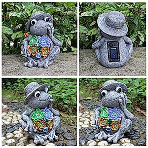 Tiemahun Garden Statues Frog Figurine - Adorable Animal Resin Succulent Plants with Solar Powered 4-LED Lights for Halloween, Patio, Lawn, Yard Porch Art Decoration, Ornaments Gift (Hat)