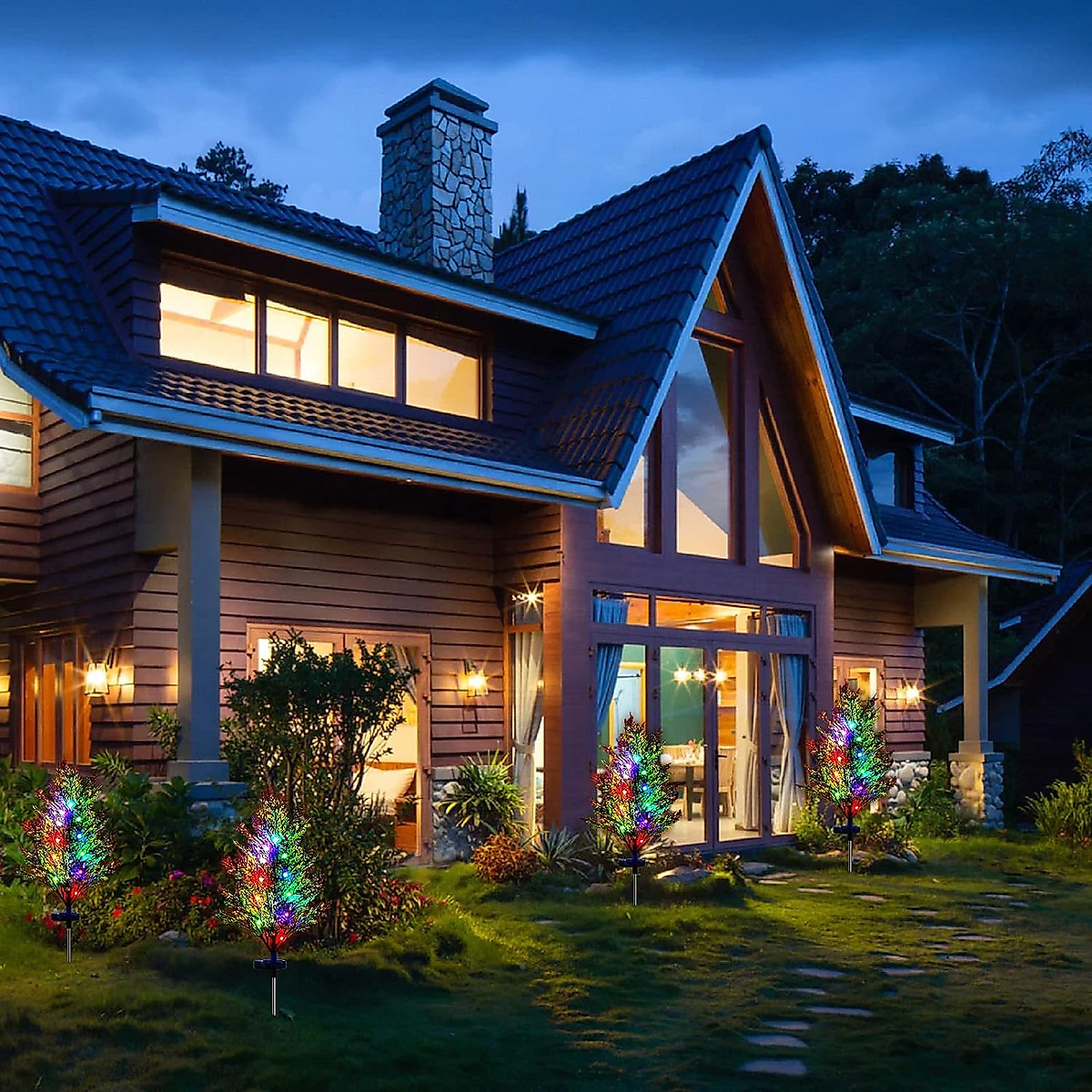 Solar Artificial Tree Lights Garden Stake Pathway Lights for Outdoor Decorations, IP65 Waterproof Solar Tree 2 Pack Flickering Tree Lights for Garden Yard Pathway Decor