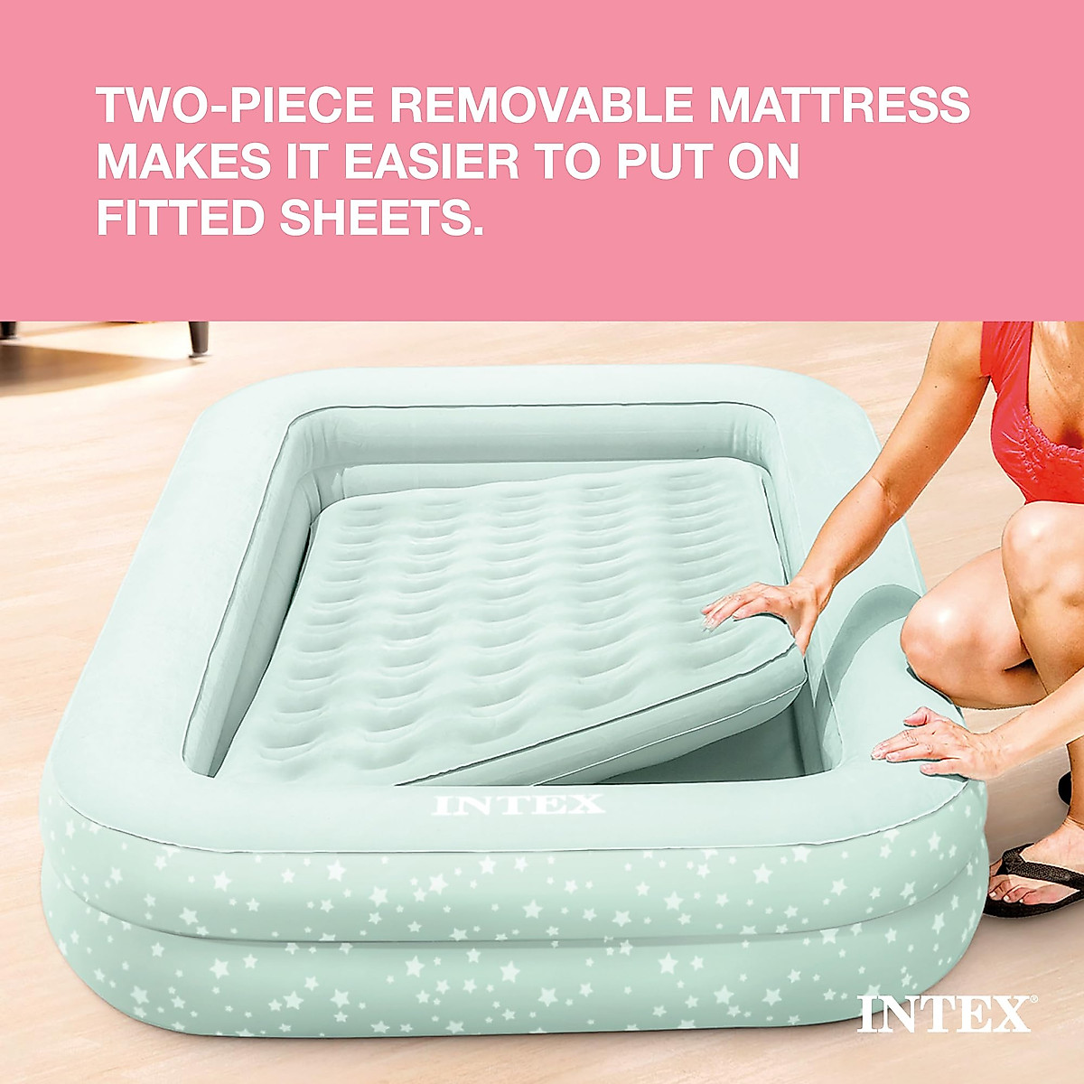 Intex 66810EP Inflatable Kidz Travel Bed Set: Includes Hand Pump and Carry Bag – Removable Mattress – Quick Inflation – Indoor Use – 28" x 52 x 4