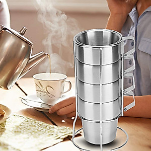 Tomotato Stackable Stainless Steel Coffee Cups, 4 Pcs Stainless Steel Mugs Double Wall Insulated Coffee Mugs Stackable Coffee Mug with Handle and Mug Rack for Home Coffee Shop