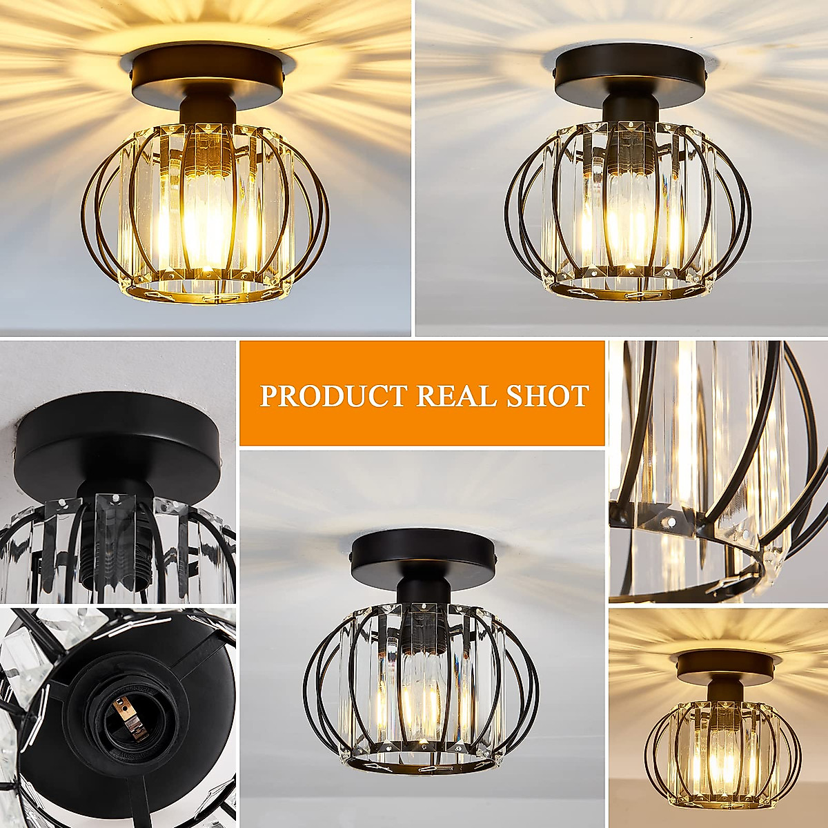 YYJLX 2 Pack Semi Flush Mount Ceiling Light Fixture Modern Small Crystal Chandelier Mini Indoor Ceiling Lamp for Bathroom Hallway Foyer Porch Hall Closet（Black）