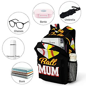 Funny Ball Mom Softball Baseball Laptop Backpack Shoulder Bag Daypack with Adjustable Strap for Casual School Travel