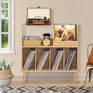 LELELINKY Large Record Player Stand, Turntable Stand with Storage, Vinyl Record Holder with Display Area, Record Player Table Holds Up to 300 Albums, Record Stand for Music room Living Room-Natural
