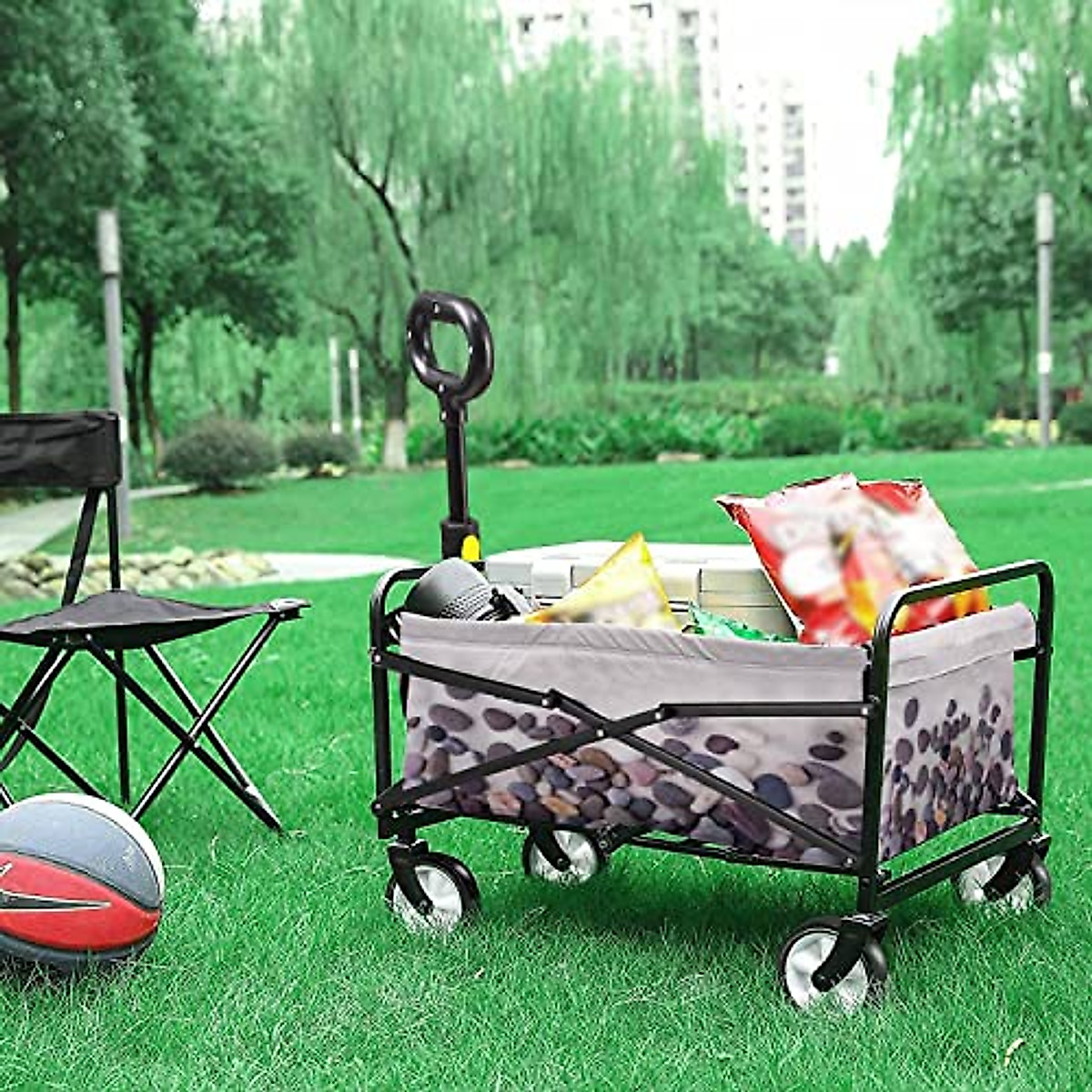 Collapsible Wagon Cart Varied Pebbles on White top View Foldable Utility Wagon Large Capacity Garden Cart with Push Bar for Beach Camp Outdoor Shopping