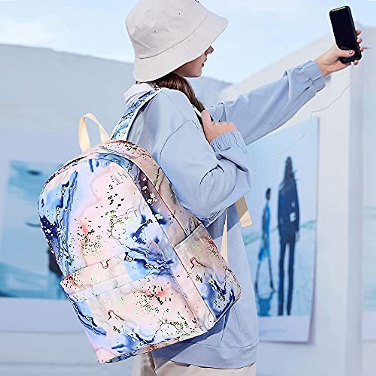 Backpack for Teen Girls School Laptop Backpacks Middle School College Marble Bookbags (Marble Orange)