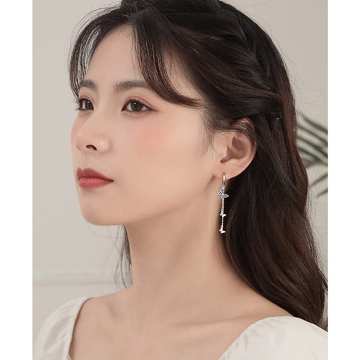 SLUYNZ 925 Sterling Silver Butterfly Dangle Earrings Tassel for Women CZ Butterfly Hoop Earrings Chain (A-Silver)