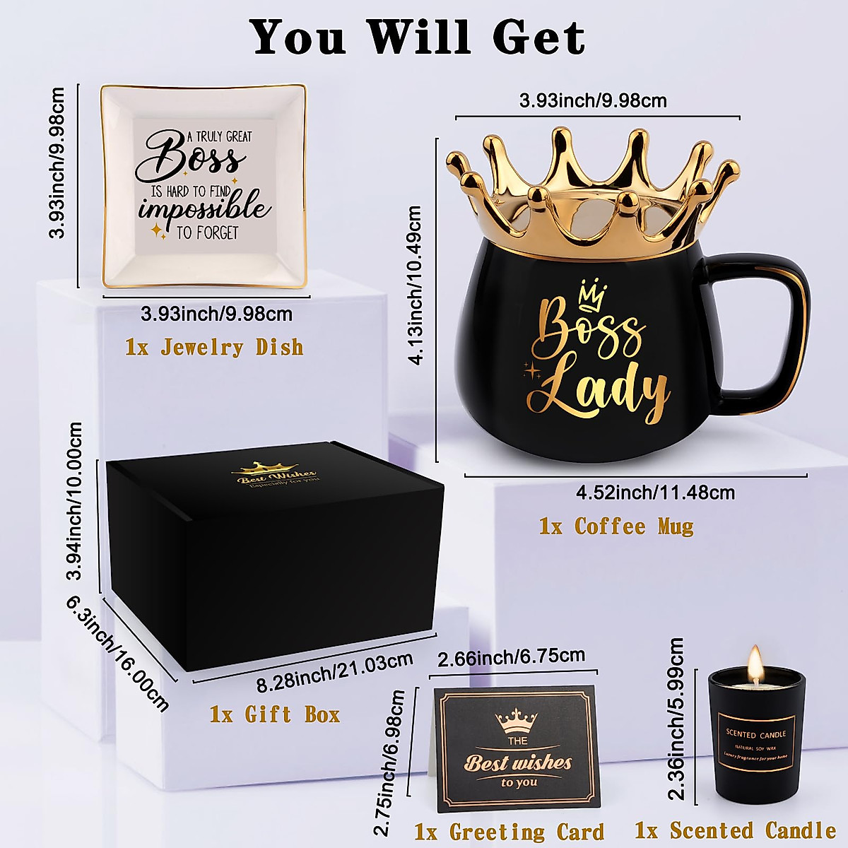 HULASO Boss Lady Gifts for Women, Christmas Gifts for Women with Candle and Dish, Boss Appreciation Gifts for Women Crown Coffee Cup, Birthday Gifts Best Boss Gifts for Women Boss Mug