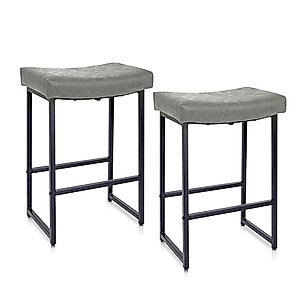 ALPHA HOME Bar Stools Backless Saddle Seat Barstools Modern PU Leather Cushion Counter Height Chairs Set of 2 for Kitchen Island, Dining Pub and Bistro, 24 Inches, Grey, 2PCS