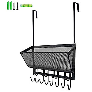 Giftgarden Over The Door Hooks Coat Rack with Wire Mesh Basket, 12 Hooks Door Hanger & Wall Mount Storage Organizer for Bathroom Bedroom Kitchen Cabinet Office Hanging, Black