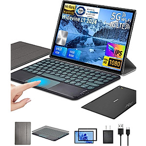 Tablet with Keyboard, 2 in 1 Tablet 10 Inch 10GB RAM + 64GB ROM with 4G Dual SIM | 5G WiFi, Android Tablet HD IPS, Octa-Core 2.0Ghz, 5MP + 8MP Camera, Bluetooth, 6500mAh, GPS, 1TB Expand - Silver