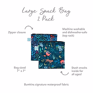 Bumkins Reusable Sandwich and Snack Bags, for Kids School Lunch and for Adults Portion, Washable Fabric, Waterproof Cloth Zip Bag, Travel Pouch, Food-Safe Storage, Large 2-pk Jungle