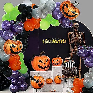INFLORAL Play Balloon Garland Kit with 164 PCS Black Sliver Green Metallic Purple Orange Balloons and Pumpkin Balloon Garland Kit for Party Decorations