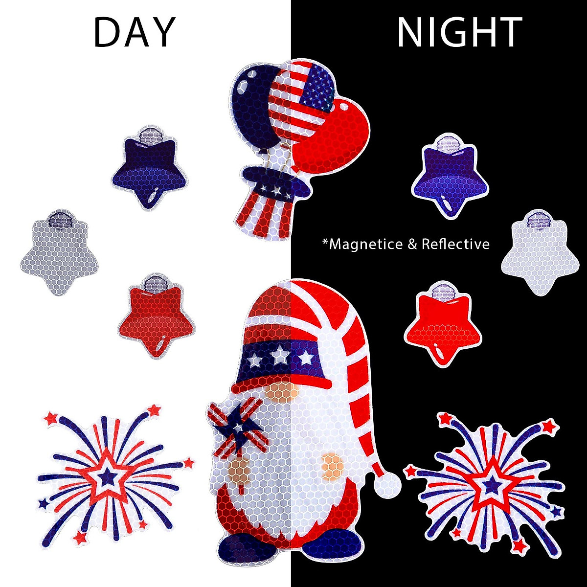 Whaline 24Pcs 4th of July Reflective Car Magnets Patriotic Refrigerator Magnets Independence Day Gnome Fridge Decor USA Flag Star Bulb Light Magnet with Lines for Kitchen,Metal Door,Cabinets,Mailbox