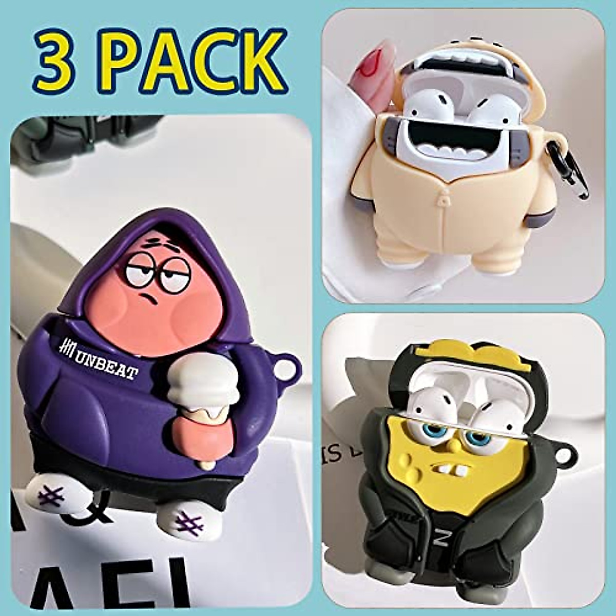 3 Pack Cute Cartoon Character AirPods Case for AirPod 2/1,3D Kawaii AirPod Case 2nd Generation,Funny Fun Cartoon Cool Soft Silicone Protective Cover for Apple Airpods Case with Keychain for Women Men