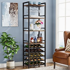 Tribesigns 20 Bottle Wine Bakers Rack, 9 Tier Freestanding Wine Rack with Glass Holder and Storage Shelves, Multi-Function Wine Bar Cabinet Bottle Holder for Kitchen, Dining Room, Rustic Brown