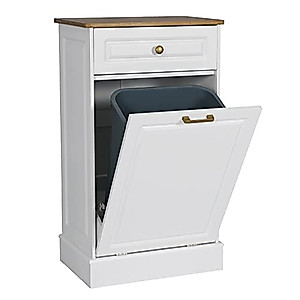 UEV Wooden Tilt Out Trash Cabinet Free Standing Kitchen Trash Can Holder or Recycling Cabinet with Hideaway Drawer(White)