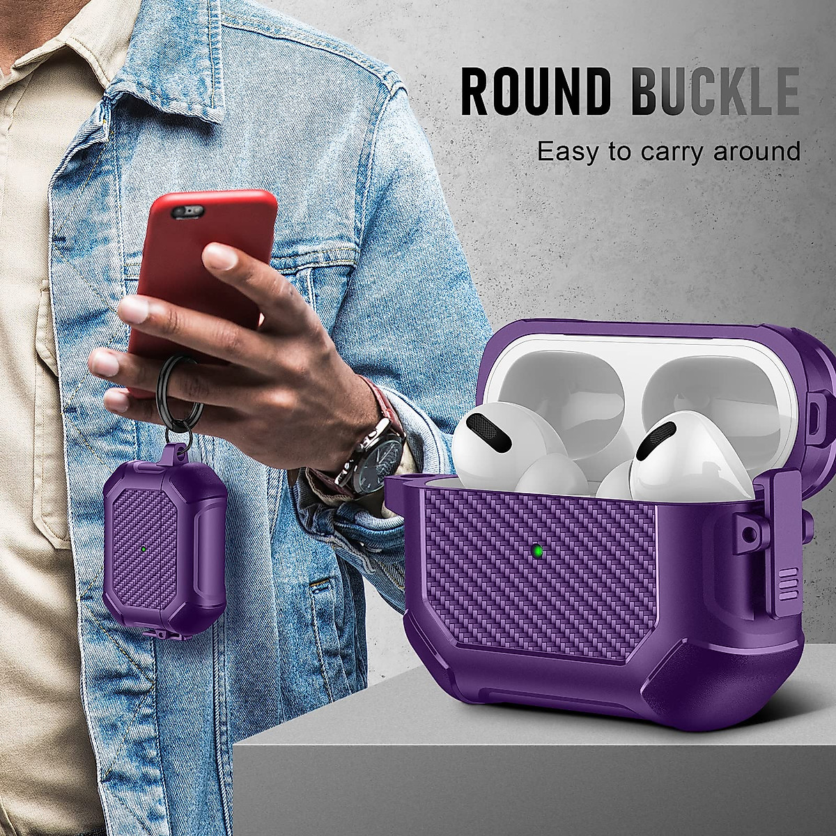 Maxjoy for AirPods Pro 2nd Generation Case, Carbon Fiber Secure Lock Clip Full Body Shockproof Hard Shell Protective Case Cover with Keychain for Apple AirPod Pro 2 2022, Purple