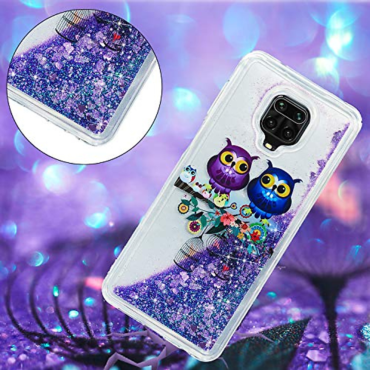 OOPKINS Glitter Liquid Case for Redmi Note 9 Pro Sparkle Floating Shiny Quicksand Clear Soft TPU Silicone Shockproof Protective Bumper Thin Cover for Redmi Note 9 Pro/9S Bling Couple Owl XY