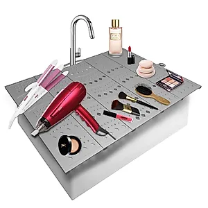 Mofason Bathroom Sink Top Cover Space Saver,Silicone Makeup Organizer Mat for Over Countertop,Small Bathroom Must Haves Accessories Rv Camper Travel Foldable Gadgets-Grey