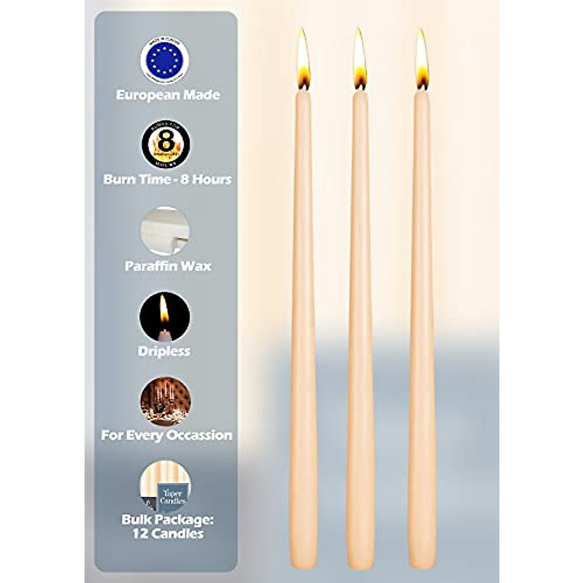 12 Pack Tall Taper Candles - 10 Inch Cream Dripless, Unscented Dinner Candle - Paraffin Wax with Cotton Wicks - 8 Hour Burn Time