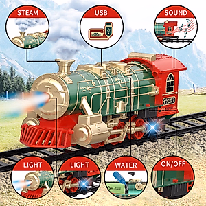 JUQU Train Set - Electric Train Toys w/Smoke, Light and Sounds, Toddler Train Sets for Boys 2-4 4-7 w/Steam Locomotive Engine,Carriages and Tracks, Christmas Train Gift for 3 4 5 6 7 8+ Year Old Kids