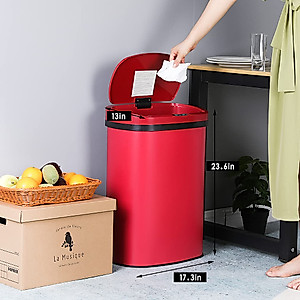 13 Gallon 50 Liter Garbage Can Kitchen Trash Can with Lid Automatic Sensor Touch Free Stainless Steel Waste Bin for Bathroom Bedroom Home Office,Red