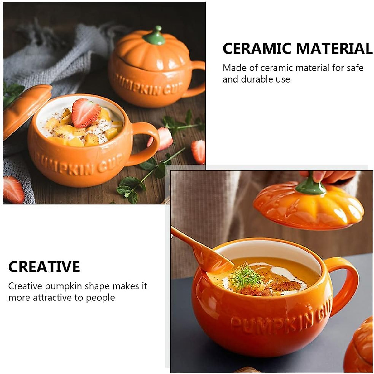 Luxshiny 2 Pcs Pumpkin Ceramic Soup Bowl Porcelain Pumpkin Shape Sugar Dessert Bowl with Lid Ceramic Dinnerware for Halloween