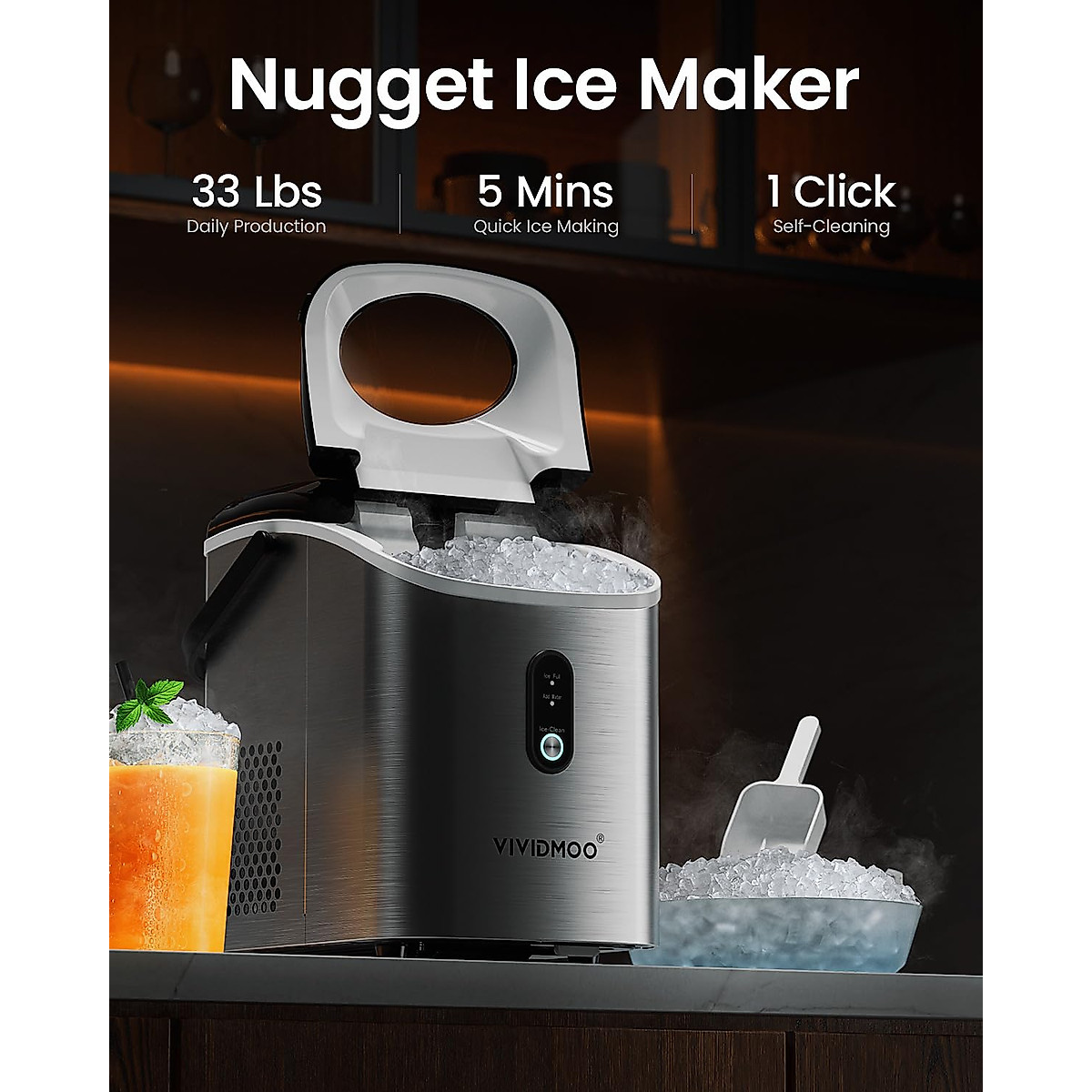 VIVIDMOO Nugget Ice Maker Countertop, 34lbs/24H Pebble Ice Machine, Self-Cleaning Sonic Ice Maker with Basket & Scoop, Compact Pellet Ice Maker for Home/Office/Kitchen/RV/Party, Stainless Steel