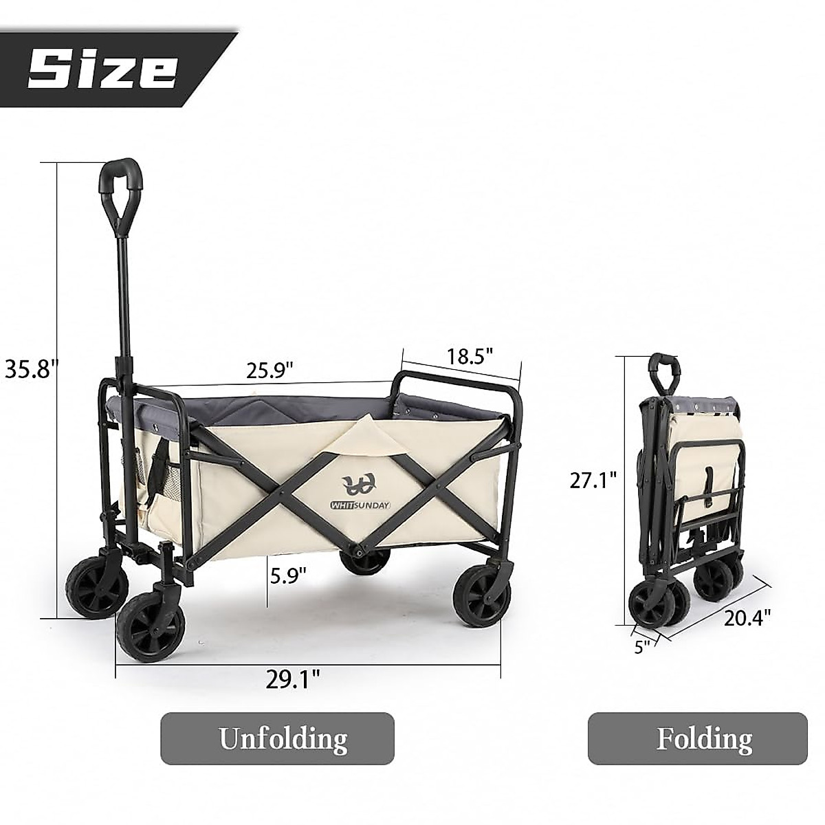 WHITSUNDAY Collapsible Folding Garden Outdoor Park Utility Wagon Picnic Camping Cart 5“ Solid Rubber Wheels (Beige, M-Foldable)
