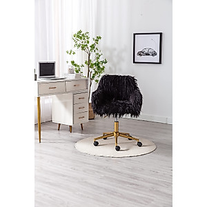 Black Modern Faux Fur Home Office Chair, Fluffy Chair for Girls, Makeup Vanity Chair with Gold Plating Base