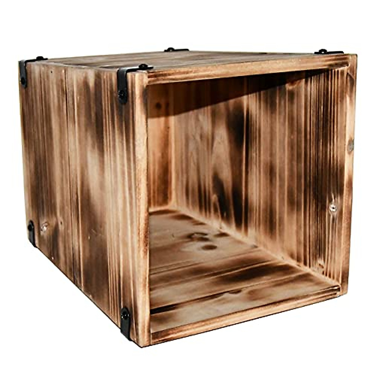 Owlgift Decorative Rustic Burnt Wood Trash Can, Farmhouse Stylish Wooden Waste Basket Near Desk, Square Garbage Cans Trashcan with Metal Brackets for Office, Bedroom & Bathroom